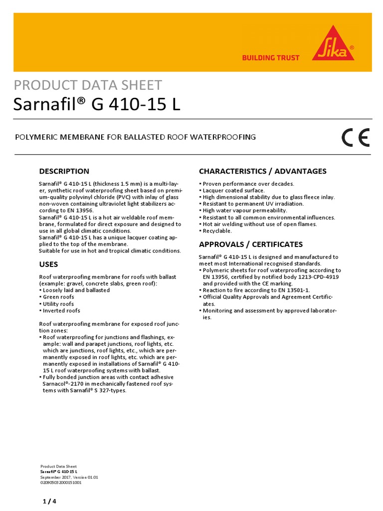 Sarnafil® G 410-15 L: Product Data Sheet | PDF | Welding | Construction