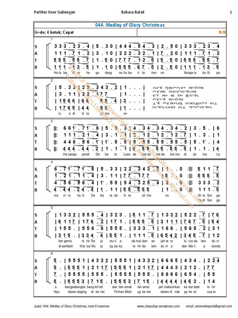 Medley of Glory Christmas: Partitur Koor Gabungan Bahasa Batak 1 | PDF
