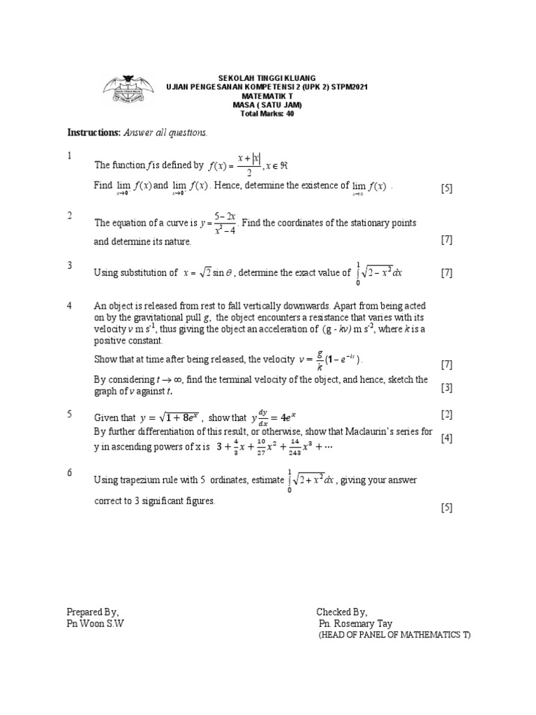 TRIAL MATHEMATICS T 2021 Kluang Q P2 | PDF | Velocity | Motion (Physics)