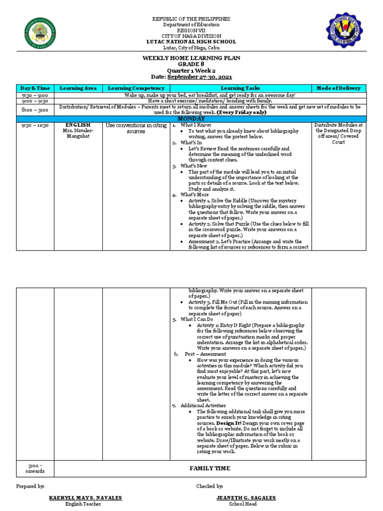Weekly Home Learning Plan Grade 8 Quarter 1 Week 2 Date: September 27 ...