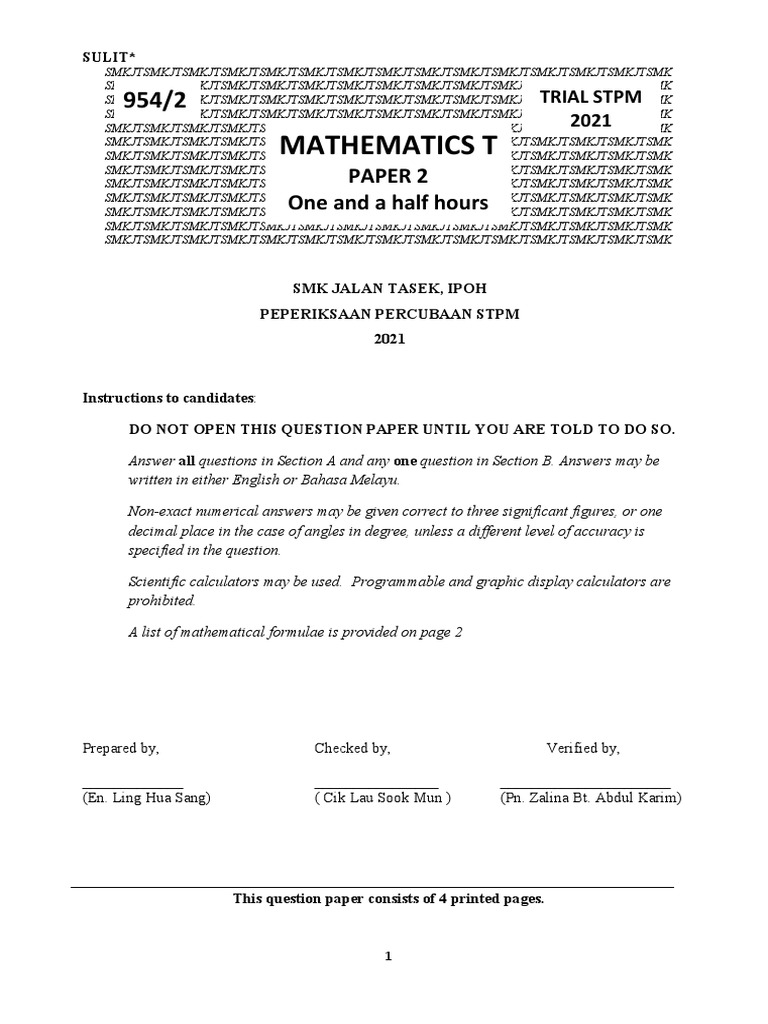 STPM 2021 Mathematics Trial Paper | PDF | Area | Mathematics