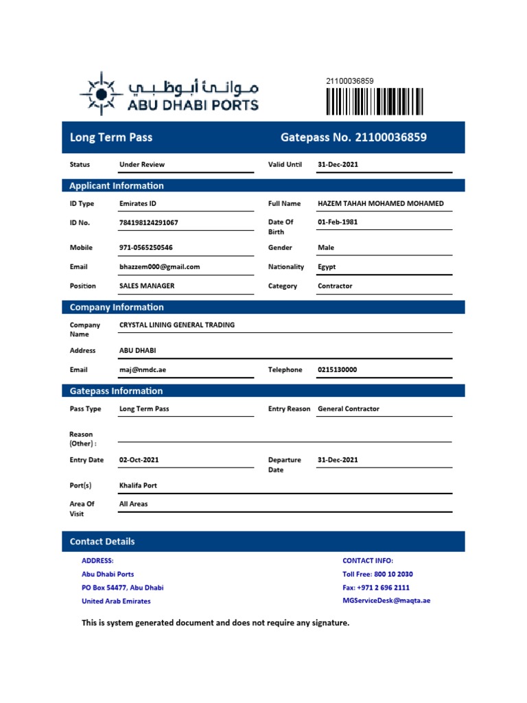 Long Term Pass Gatepass No. 21100036859: Applicant Informa On | PDF