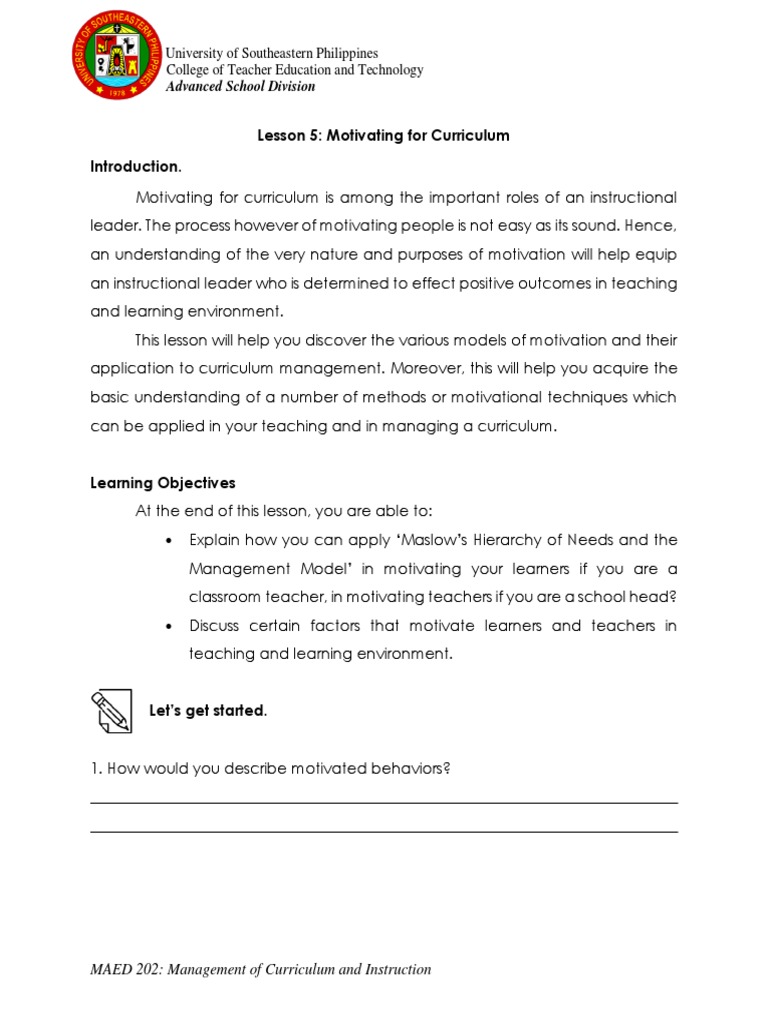 Lesson 5 - MAED 202 | PDF | Motivation | Motivational