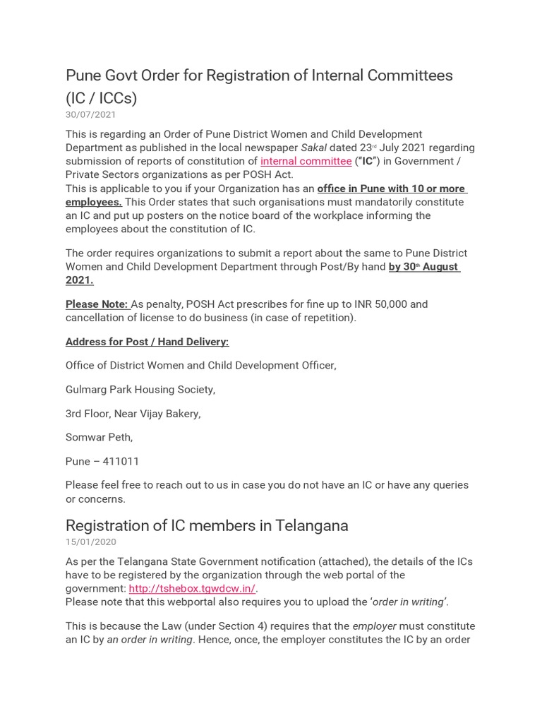 Pune Govt Order For Registration of Internal Committees | PDF | Sexual ...