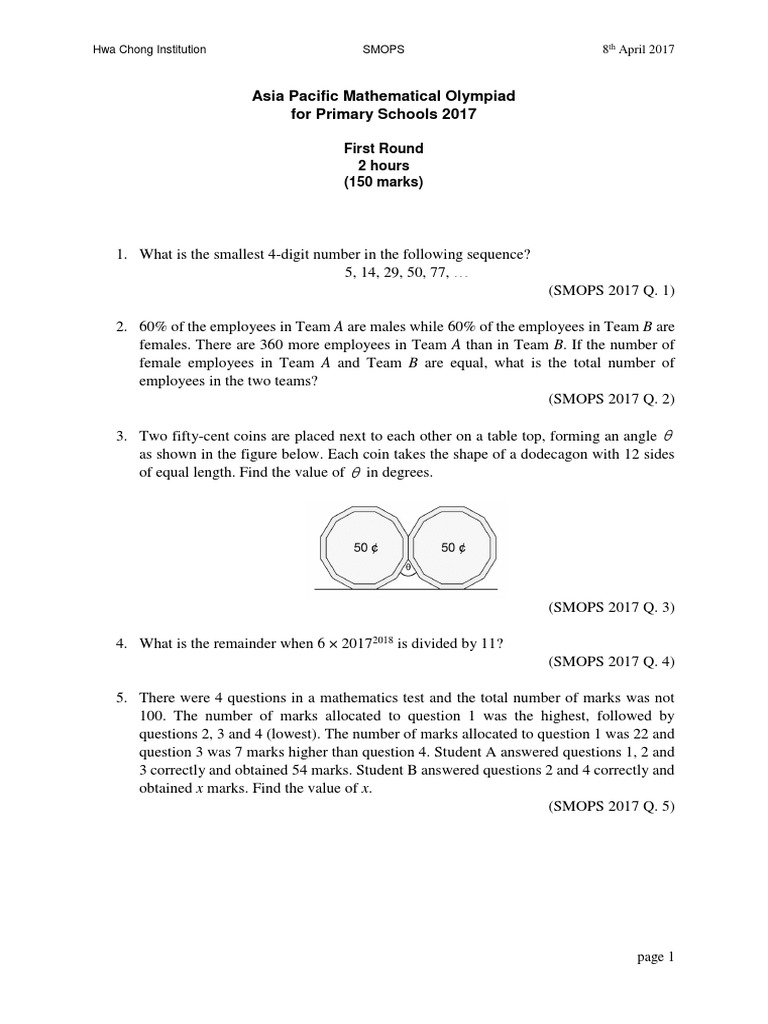 APMOPS (SMOPS) 2017 First Round With Answers | PDF | Elementary ...