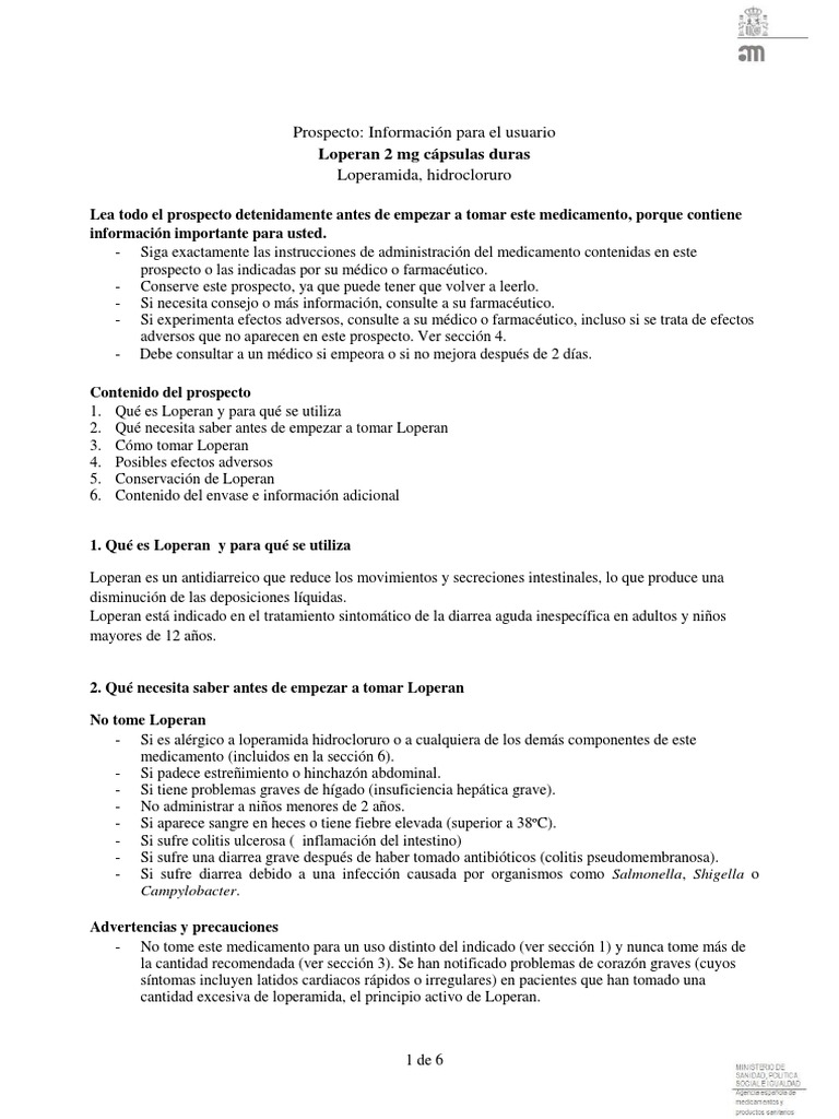 Loperan 2 mg: Uso y Precauciones | PDF | Diarrea | Medicamentos con receta