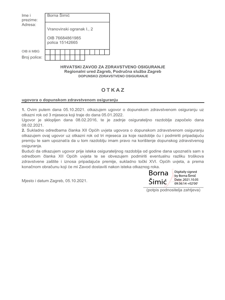 Otkaz Ugovora o DZO Tiskanica Premija Nije Placena NOVO | PDF