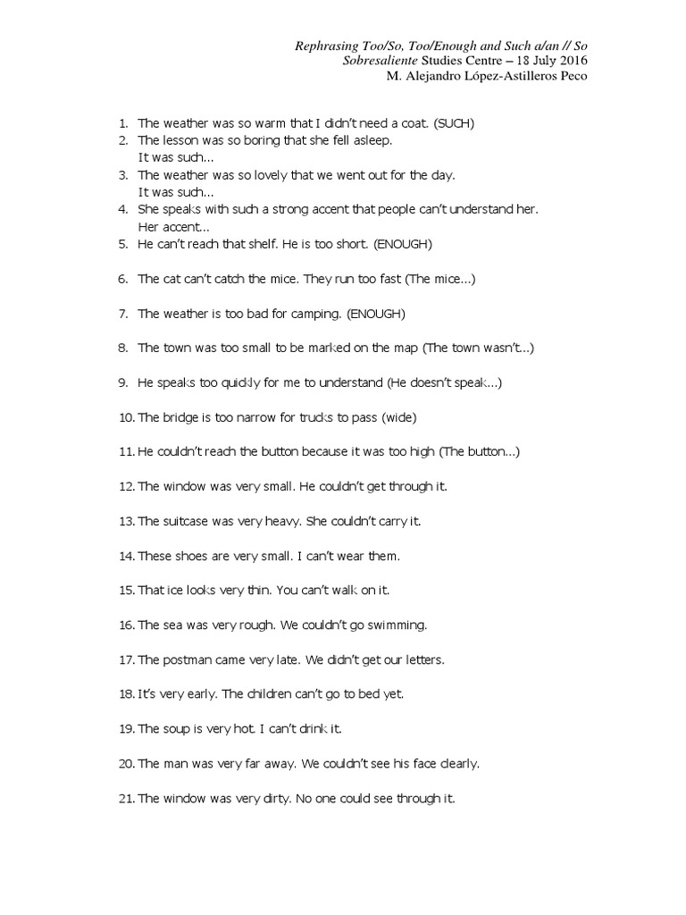 Rephrasing So, Such, Too & (Not) Enough (GOOD) | PDF