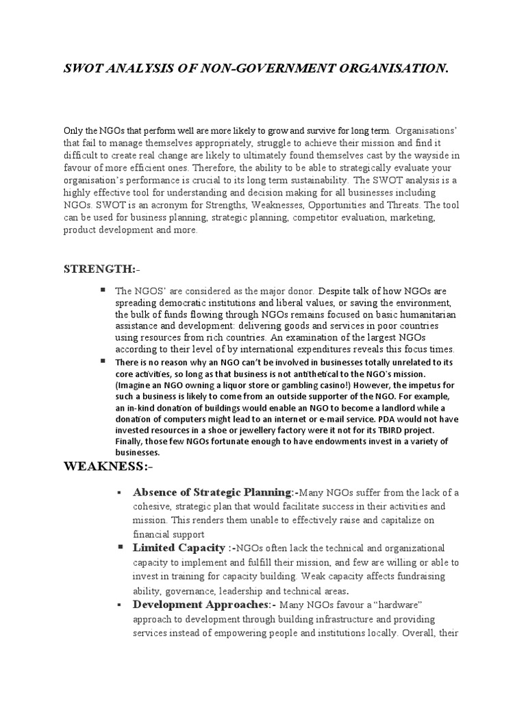Swot Analysis of Non-Government Organisation.: Strength | PDF | Non ...