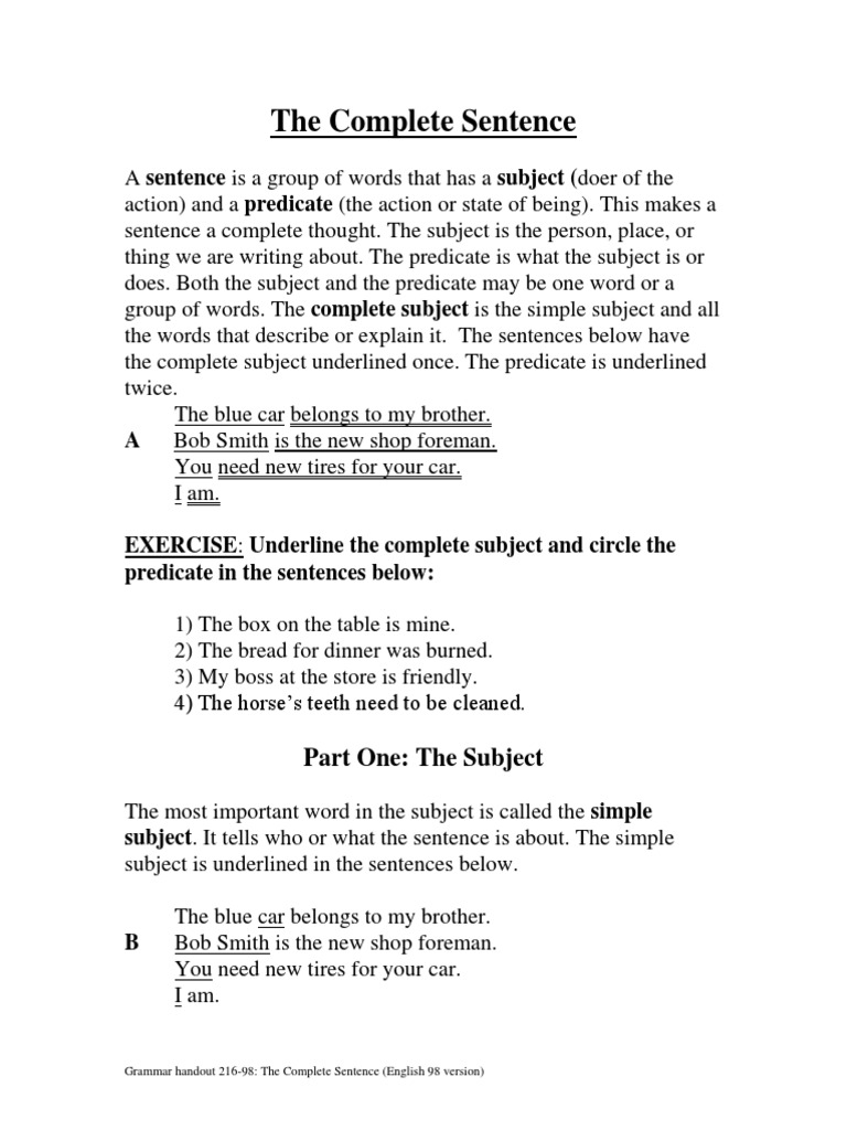 Understanding Complete Sentences | PDF | Subject (Grammar) | Predicate ...
