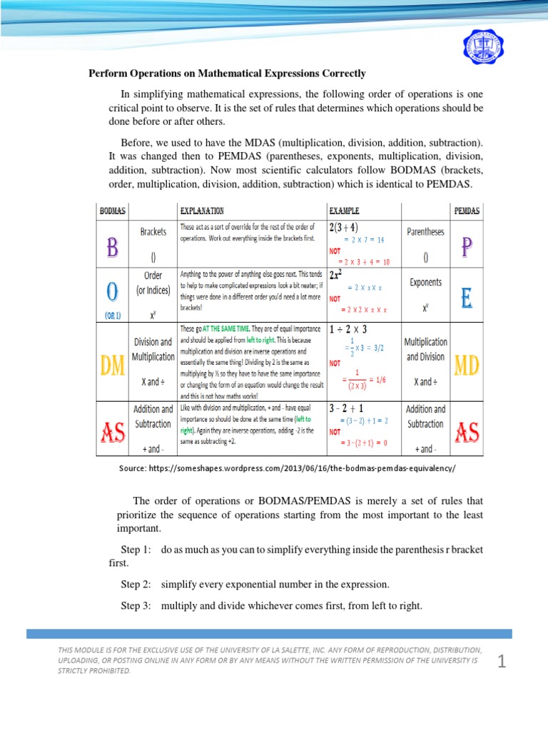 Perform Operations On Mathematical Expressions Correctly | PDF ...