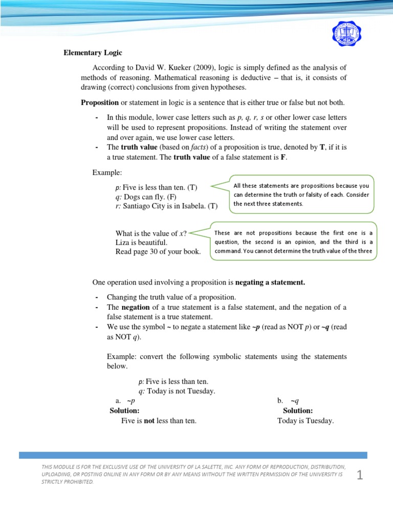 An Introduction to Elementary Logic: Propositions, Connectives, and Reasoning | PDF | Truth | If ...