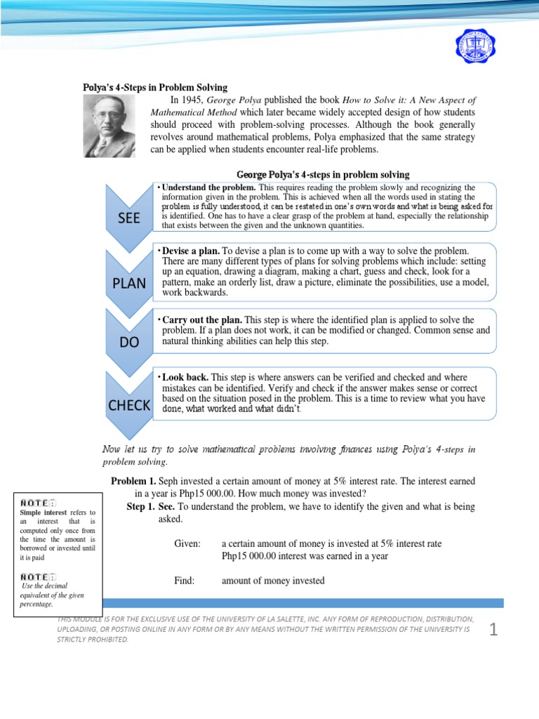 Polya's Problem Solving Method Applied to Financial Mathematics ...
