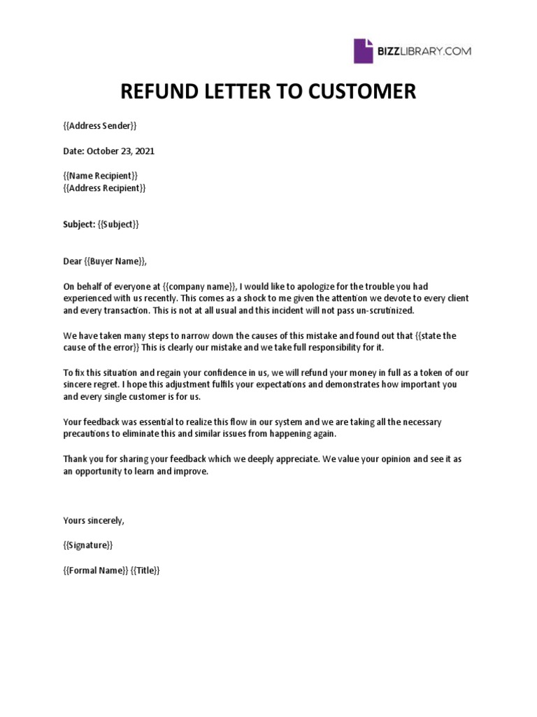 Refund Letter To Customer: Subject: ( (Subject) ) | PDF | Law