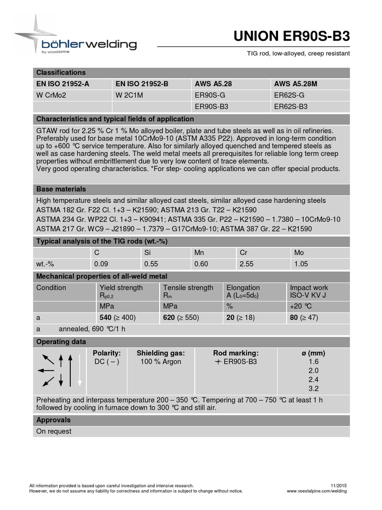 Union Er90S-B3: TIG Rod, Low-Alloyed, Creep Resistant | PDF | Steel ...