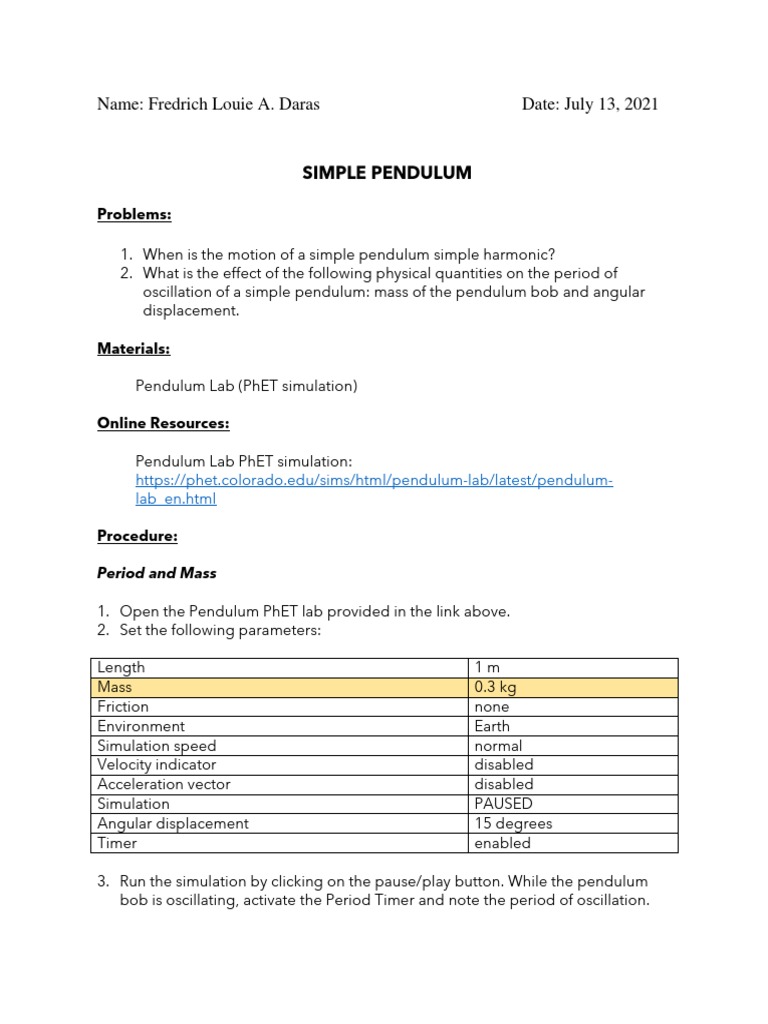 The Period of Pendulum - Assessment - Daras | PDF | Pendulum | Oscillation