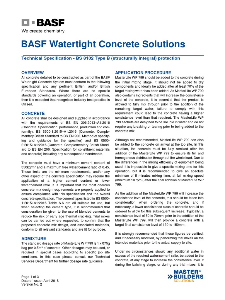 BASF Watertight Solutions - Technical Specification | PDF | Concrete ...