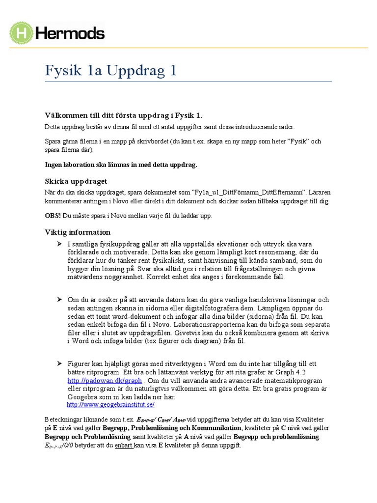 Fysik 1a Uppdrag 1 Rev 1804 | PDF