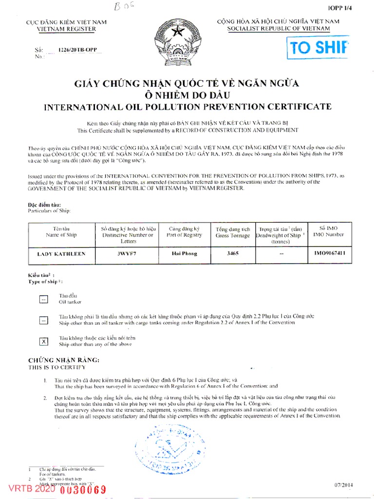 (Iopp) International Oil Pollution Prevention Cert - Expire 16.07.2022 | PDF