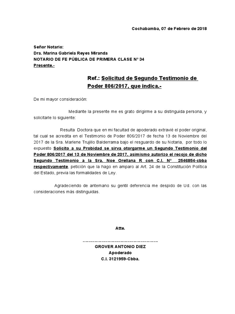 Solicitud de Segundo Testimonio Notarial | PDF | Derecho