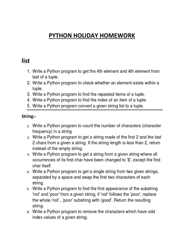 Python Holiday Homework | Download Free PDF | String (Computer Science) | Python (Programming ...
