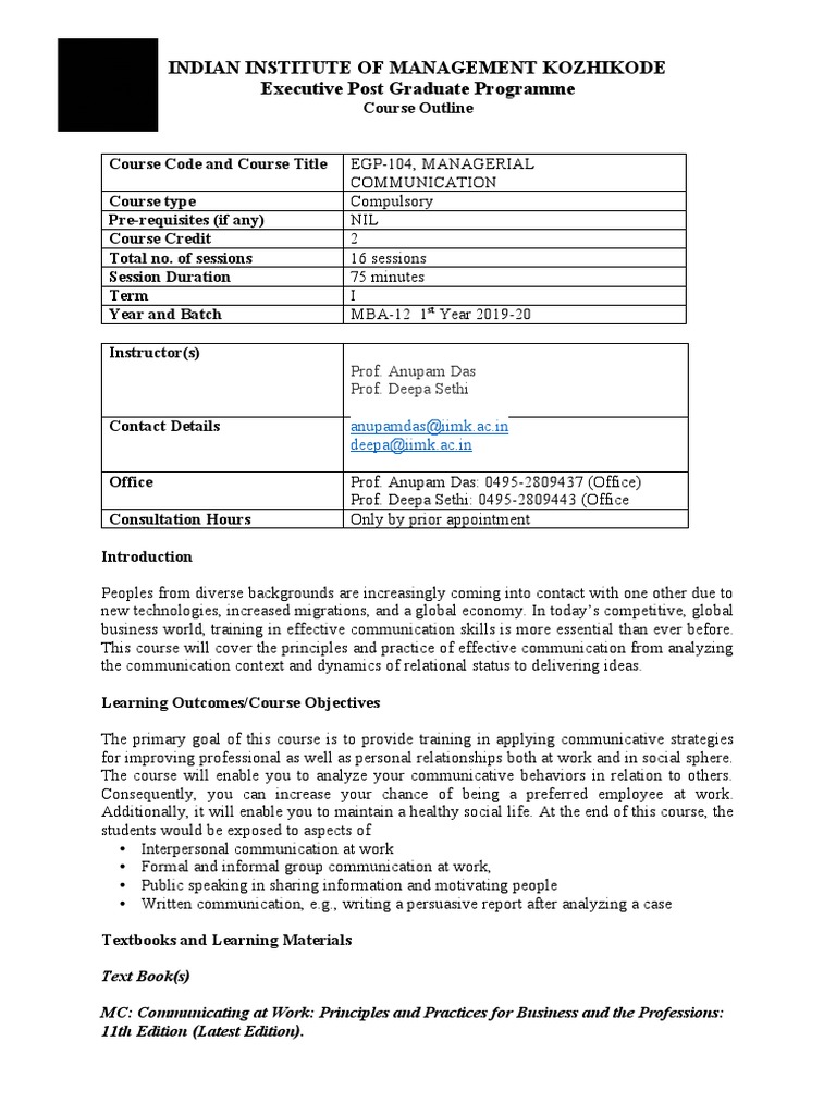 Managerial Communication Course Outline | PDF | Communication | Learning
