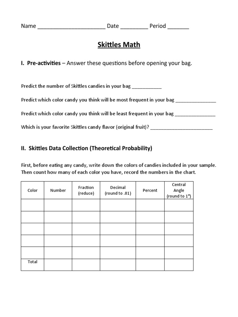 Skittles Math: I. Pre-Activities - Answer These Questions Before ...