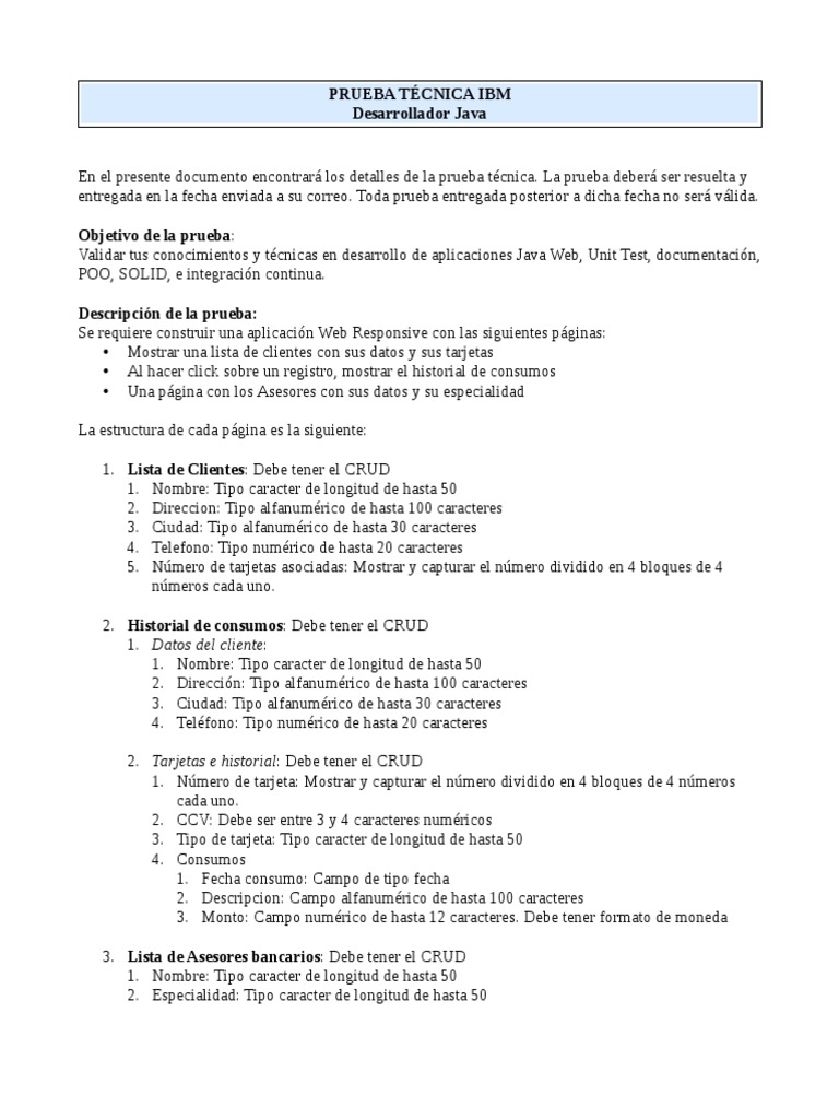 Prueba Técnica Java para IBM | PDF | Java (lenguaje de programación) | Computación en la nube