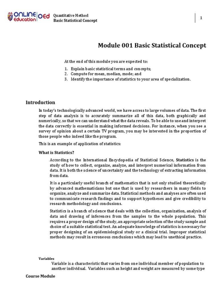 Module 001 Basic Statistical Concept | PDF | Statistics | Standard Deviation