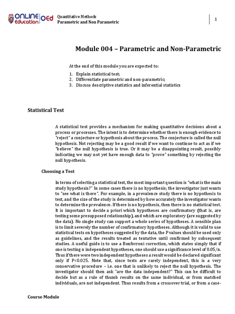 Module 004 - Parametric and Non-Parametric | PDF | Statistics | Student ...