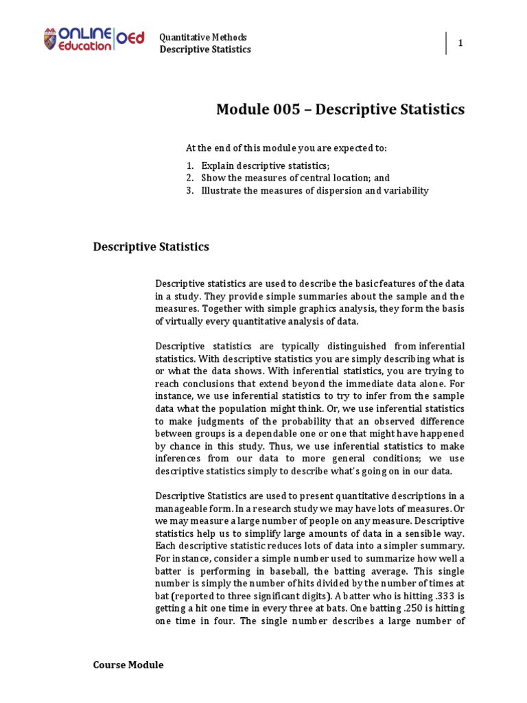 Module 005 - Descriptive Statistics | PDF | Mean | Statistics