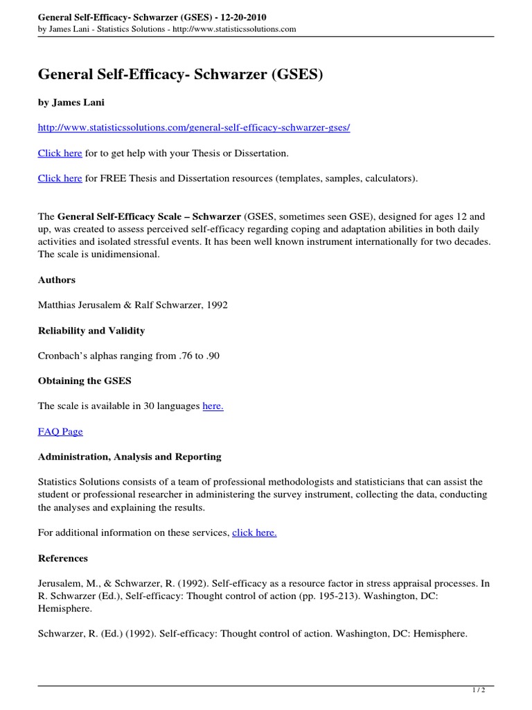 Overview and Assessment of the General Self-Efficacy Scale (GSES ...