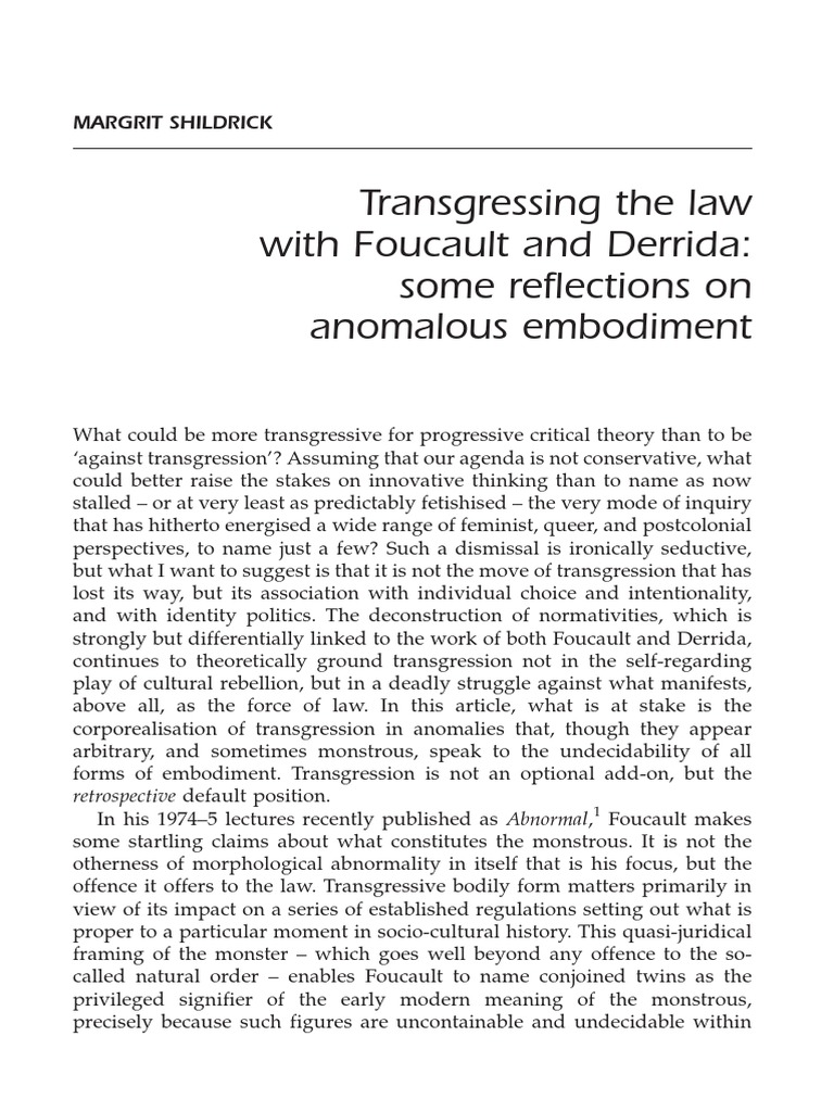 SHILDRICK MARGRIT - Transgresing The Law Foucalt and Derrida | PDF ...