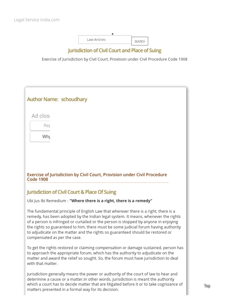 Jurisdiction of Civil Court and Place of Suing | Download Free PDF ...
