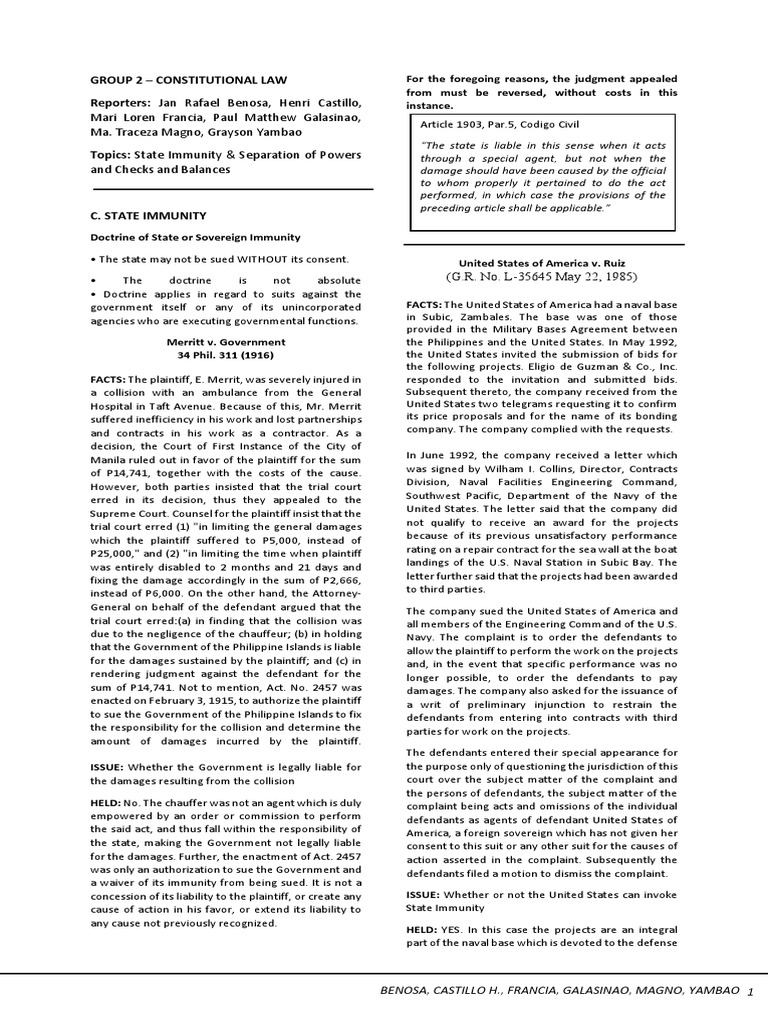 2) State Immunity & Separation of Powers | PDF | Lawsuit | Sovereign ...