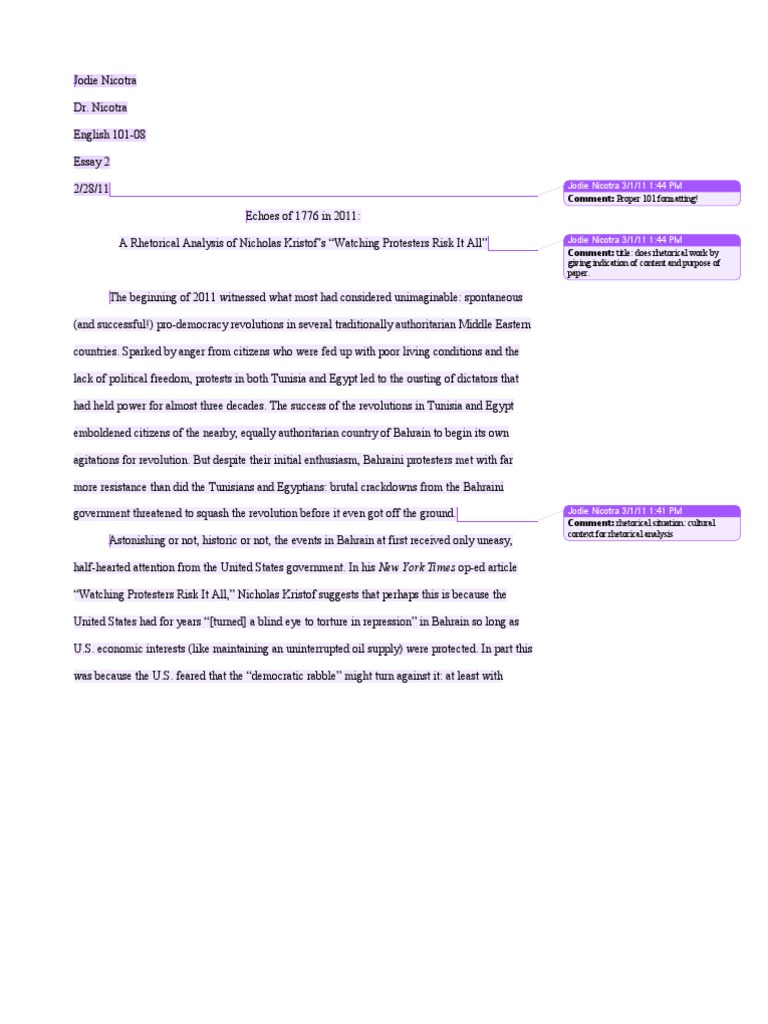 Annotated Sample Rhetorical Analysis Kristof | Bahrain | Analogy