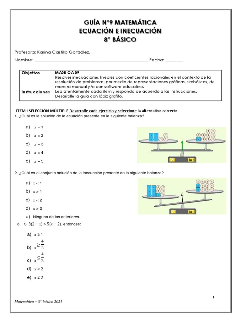 Guía de Ecuaciones e Inecuaciones 8° Básico | PDF | Ecuaciones ...