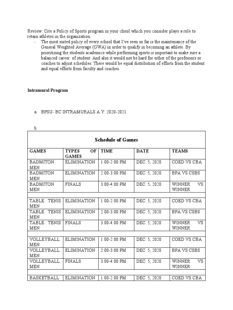 Intramural Program: Schedule of Games | PDF | Sports | Leisure