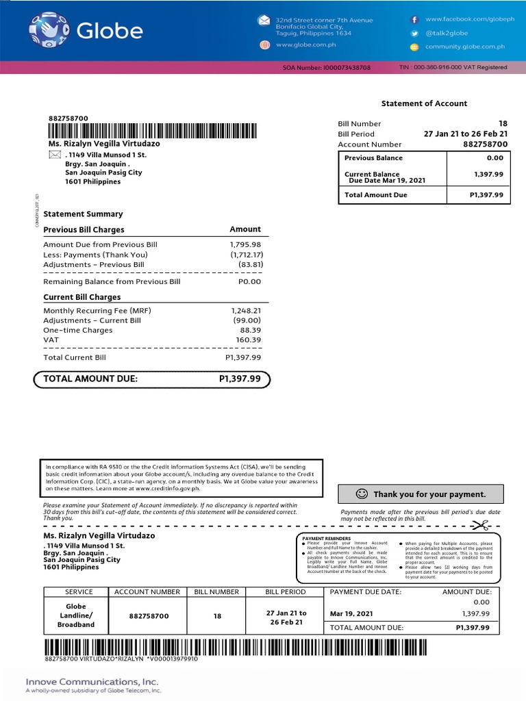 Globe Bill Sample | PDF | Payments | Trade