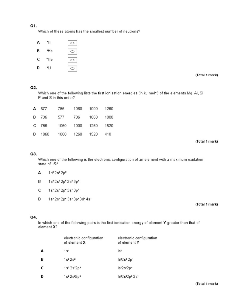 Revision Questions and Answers - Set 1 - Topic 1 and 2 | PDF | Ionization | Atoms