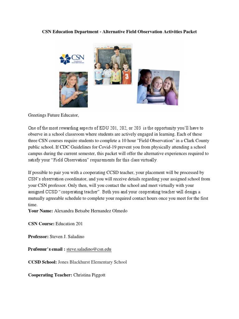 Field Observation Packet Completed | PDF | Teachers | Lesson Plan