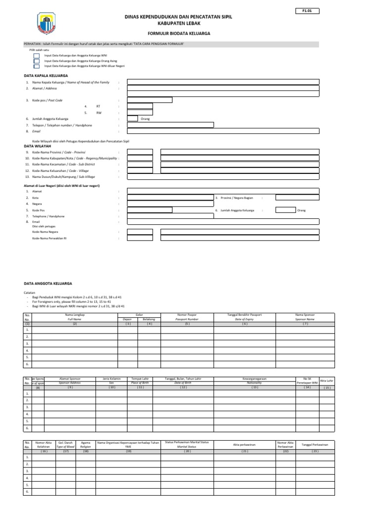 F 101 Formulir Biodata Keluarga f101 | PDF