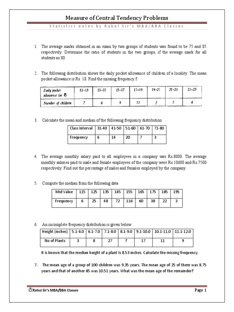 Measure of C Asure of Central Tendency Problems | PDF