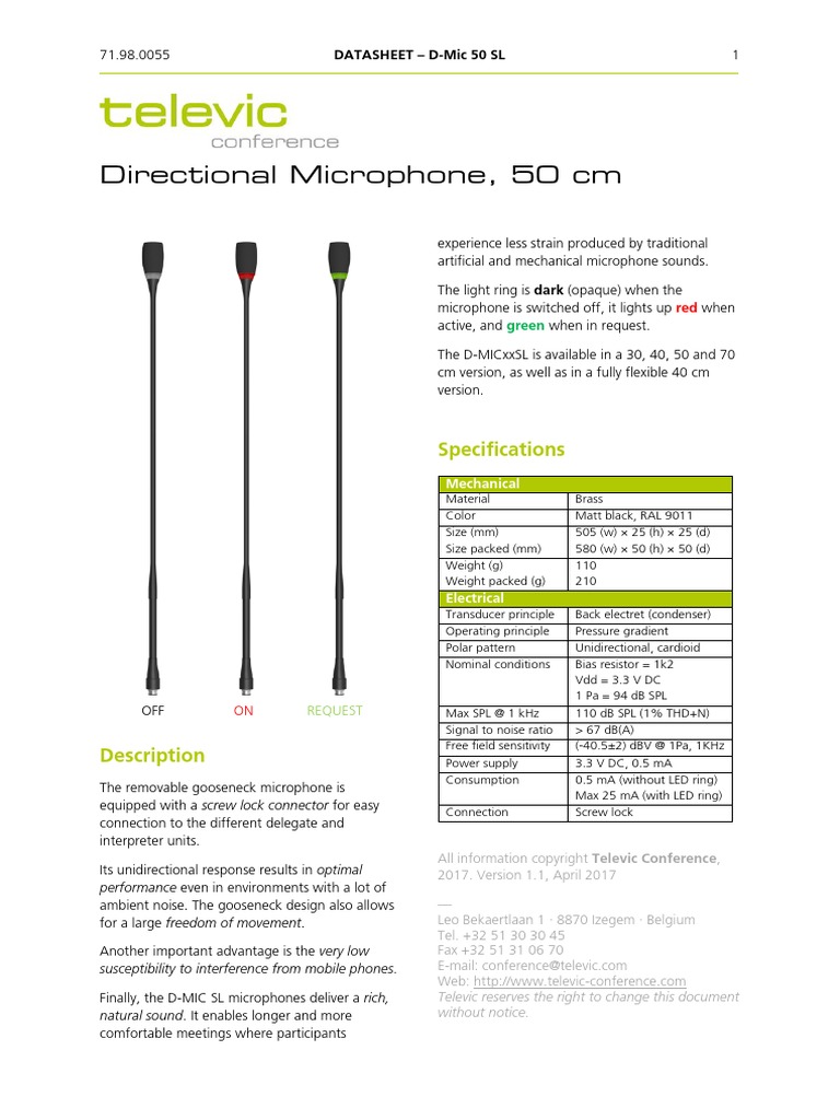 Televic Directional Microphone, 50 CM | PDF | Microphone | Electrical ...