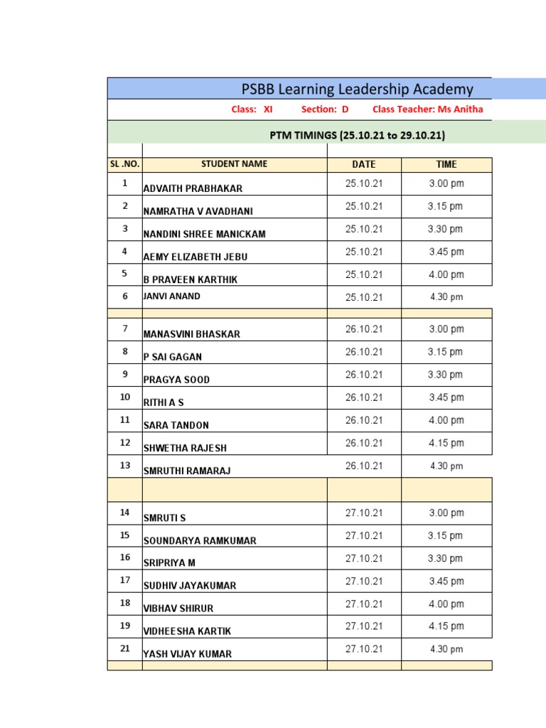 Class Xi D PTM Schedule | PDF