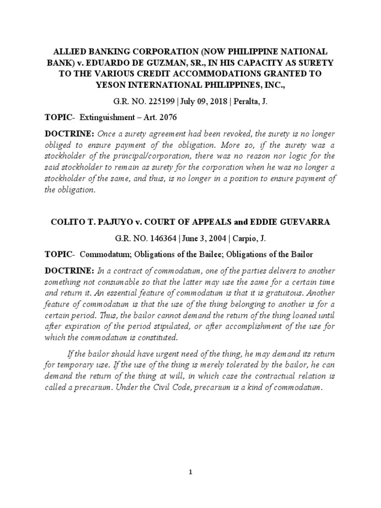 Legal Doctrines on Surety and Commodatum | PDF | Interest | Surety
