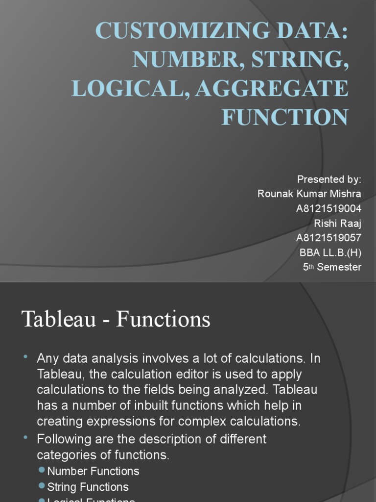 Tableau Functions & Calculations Guide | PDF | Boolean Data Type | Formula