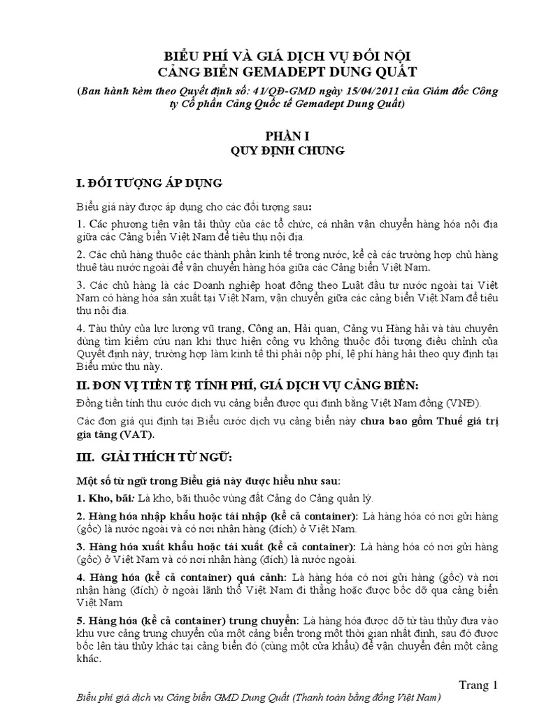 Biểu phí và giá dịch vụ đối nội cảng biển Gemadept Dung Quất | PDF