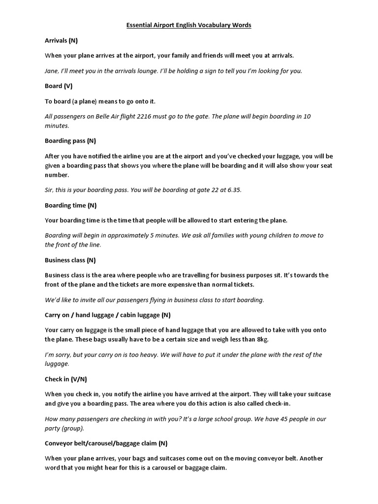 Essential Airport English Vocabulary Words | PDF | Baggage | Business Class