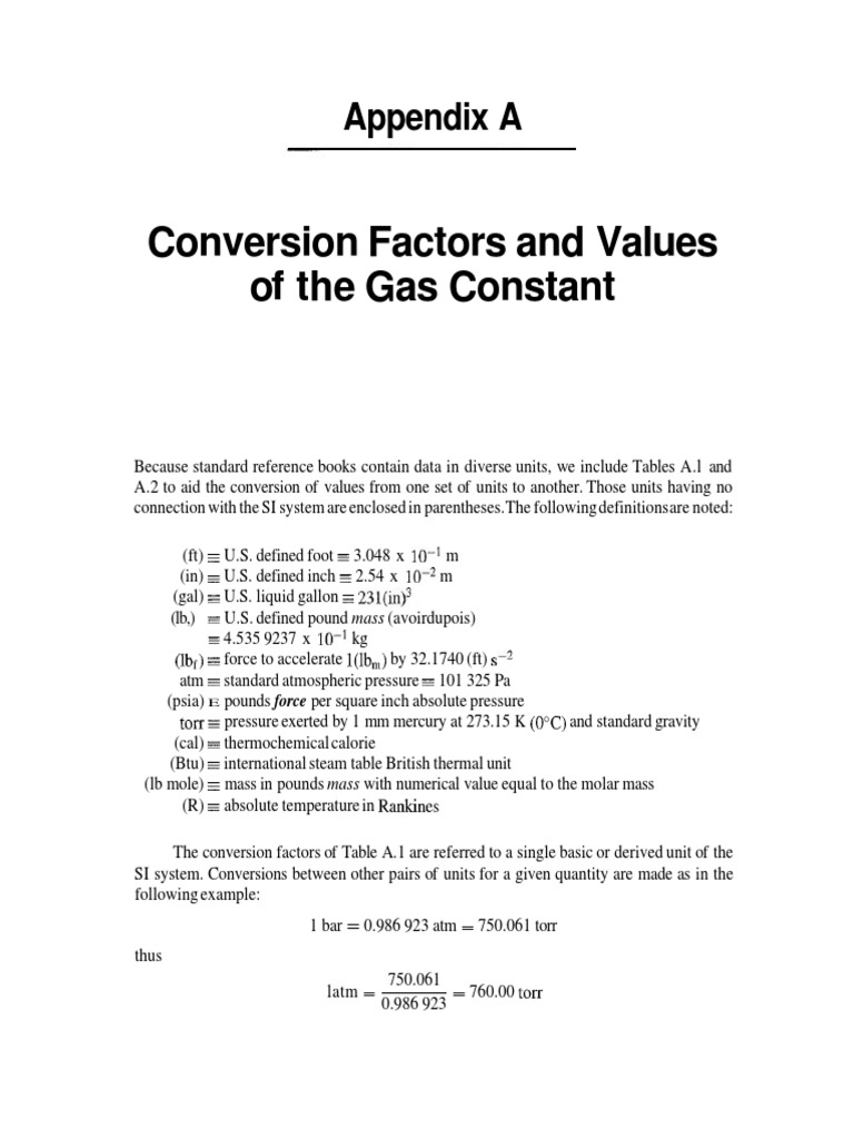 Conversion Factors and Values of The Gas Constant: Appendix A | PDF | Pressure | Mole (Unit)